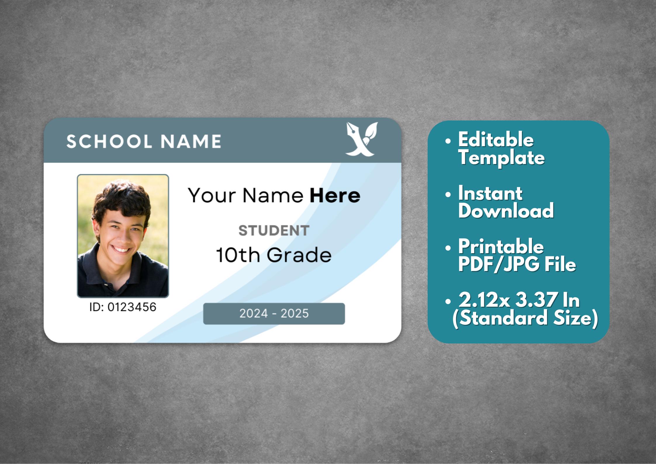 Editable Student ID Card Template, Custom ID Badge Template, Printable ...