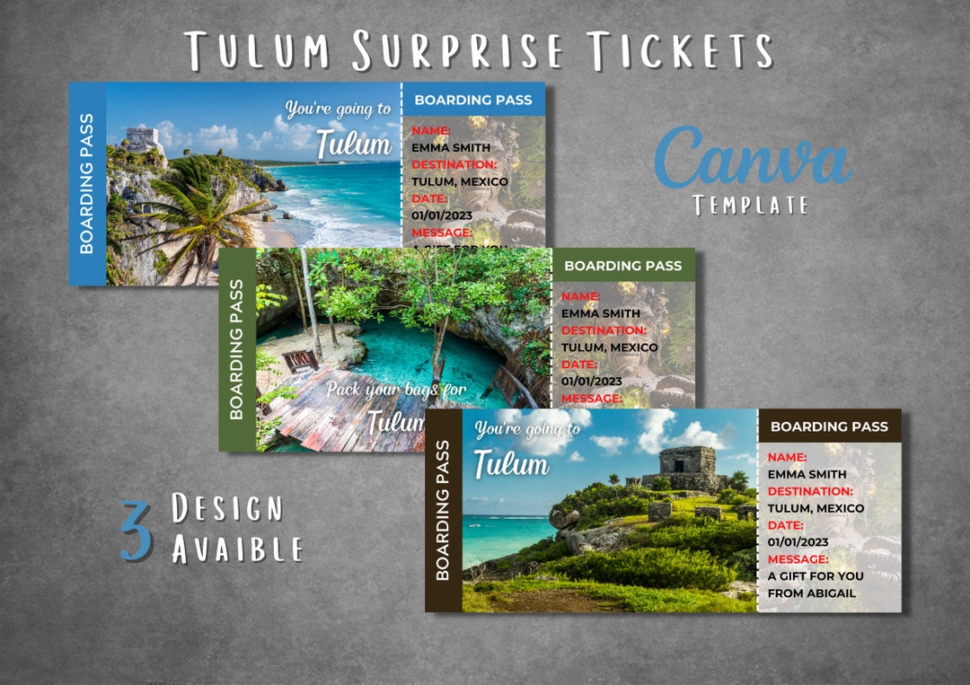 Editable Tulum Surprise Ticket Template, Printable Tulum Mexico Trip ...