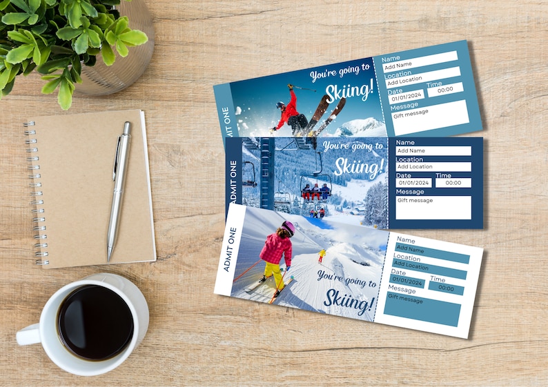 Editable Skiing Surprise Ticket Reveal Template, Printable Mountain Ski ...