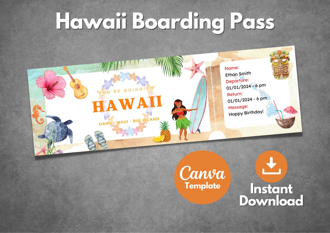 Editable Hawaii Boarding Pass Template, Vacation Trip Ticket (canva) - Etsy