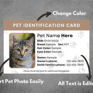 Editable Pet ID Card Template, Custom Dog ID Card Template, Printable ...