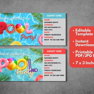 Editable Pool Party Ticket Template, Printable Pool Party Invitation ...