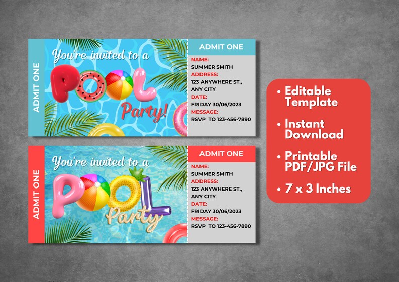 Editable Pool Party Ticket Template, Printable Pool Party Invitation ...