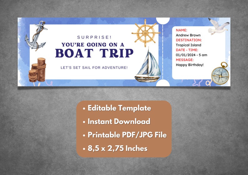 Editable Boat Trip Ticket Template, Boat Vacation Trip Boarding Pass ...