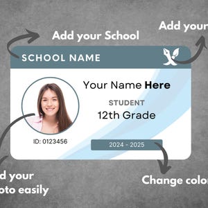 Editable Student ID Card Template, Custom ID Badge Template, Printable ...