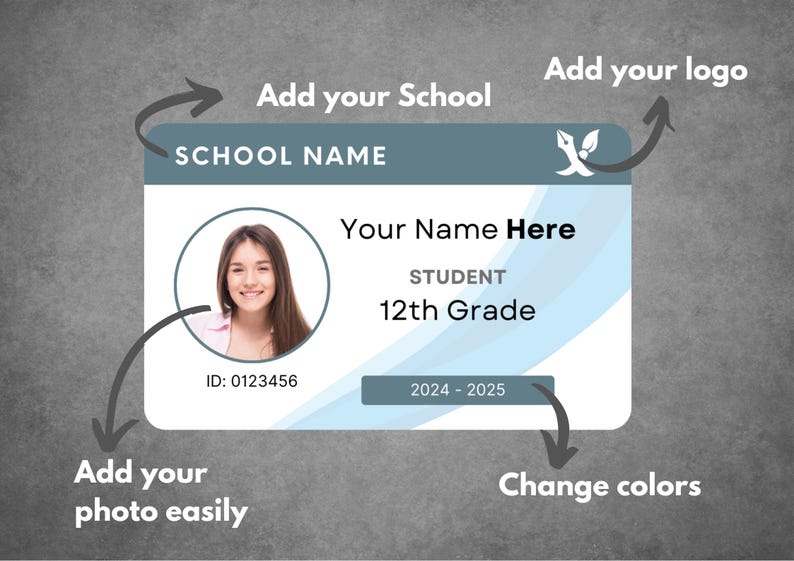 Editable Student ID Card Template, Custom ID Badge Template, Printable ...