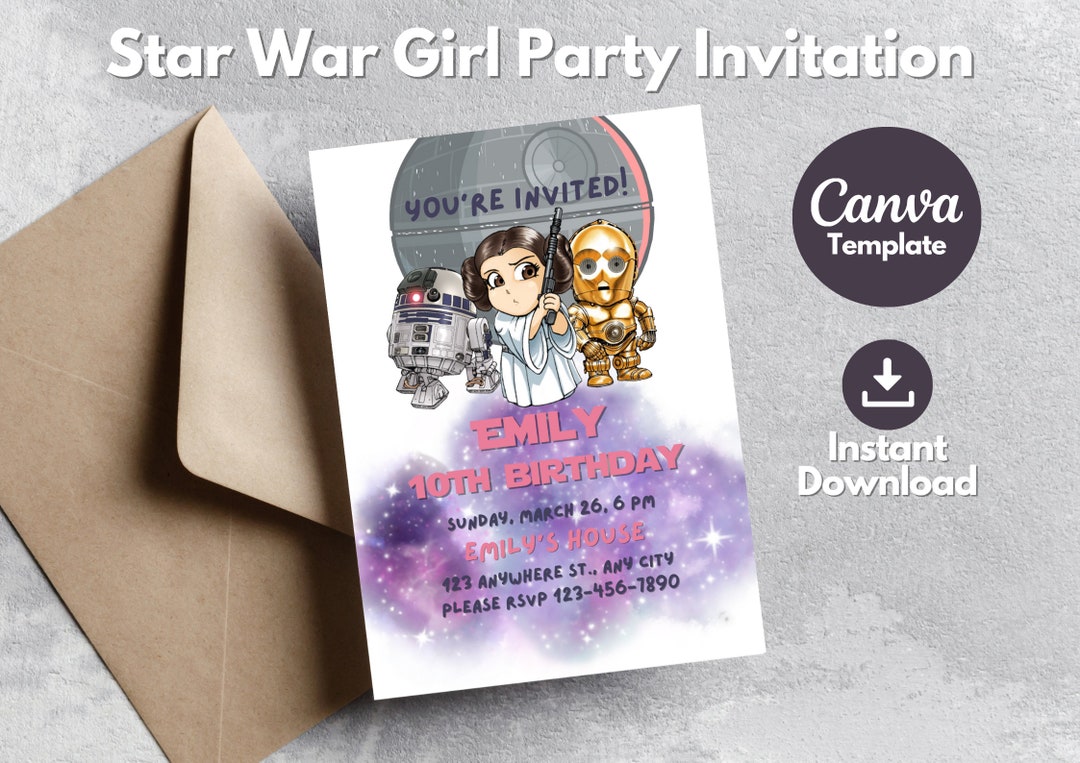 Princess Leia Star Wars Birthday Invitation, Kid Party Invite (canva ...