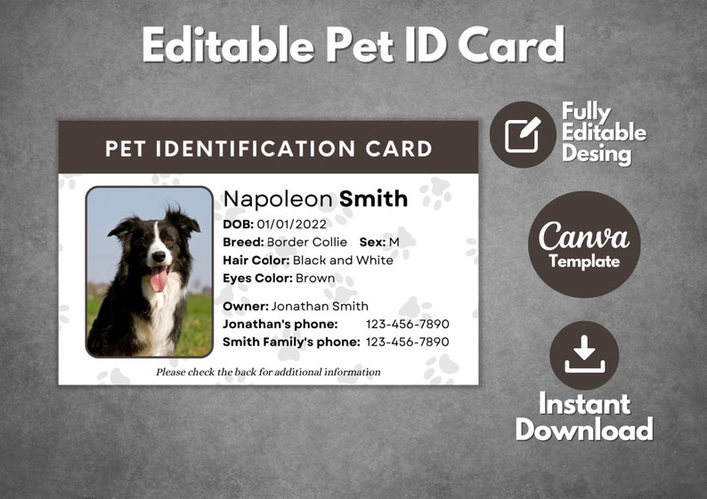 Editable Pet ID Card Template, Custom Dog ID Card Template, Printable ...