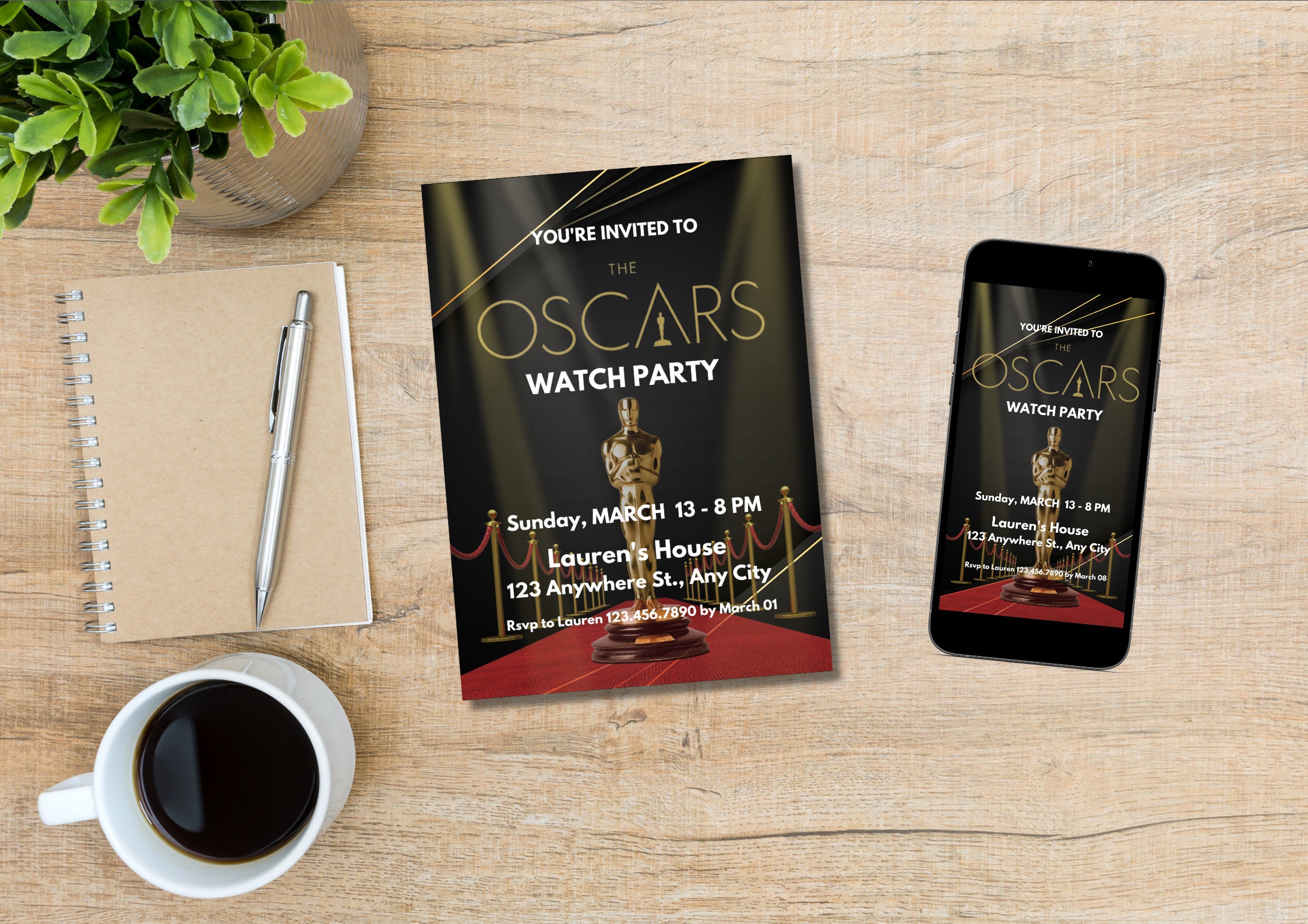 Editable Oscars Party Invitation Template, Printable Red Carpet Watch ...