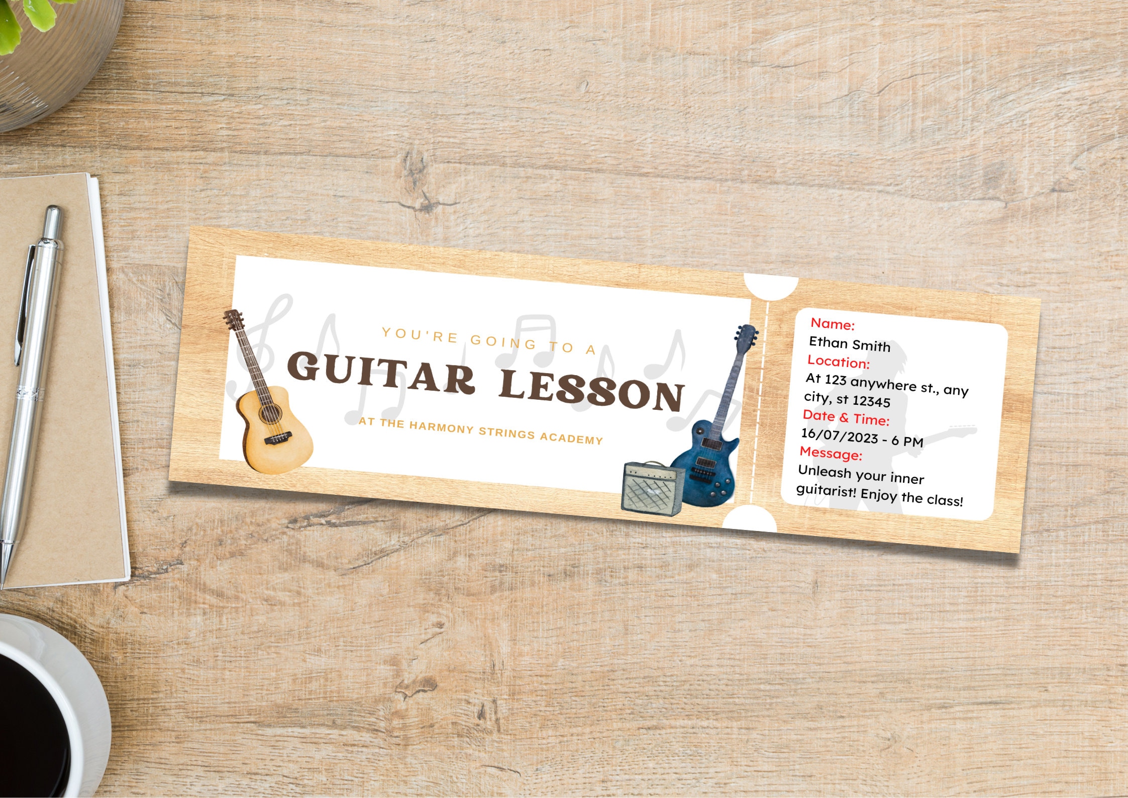 Editable Guitar Lesson Ticket Template, Printable Guitar Class Voucher ...