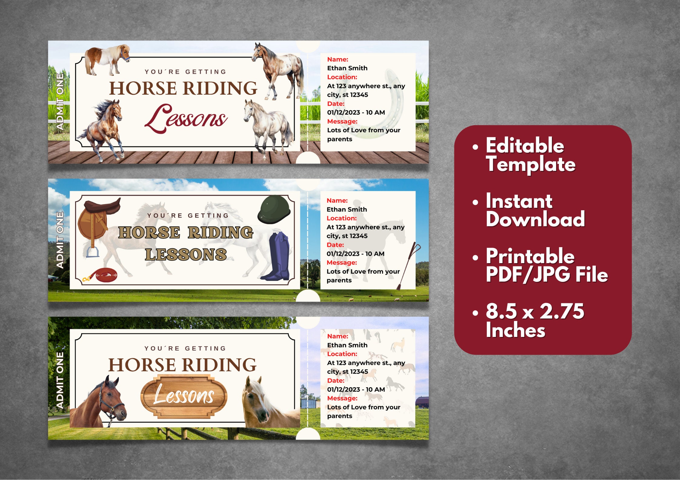 Editable Horse Riding Lessons Ticket Template, Printable Horseback ...