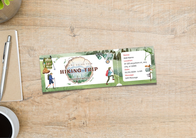 Editable Hiking Trip Ticket Template, Printable Hiking Trip Surprise ...