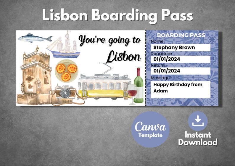 Lisbon Trip Boarding Pass Template, Printable Vacation Ticket (digital ...