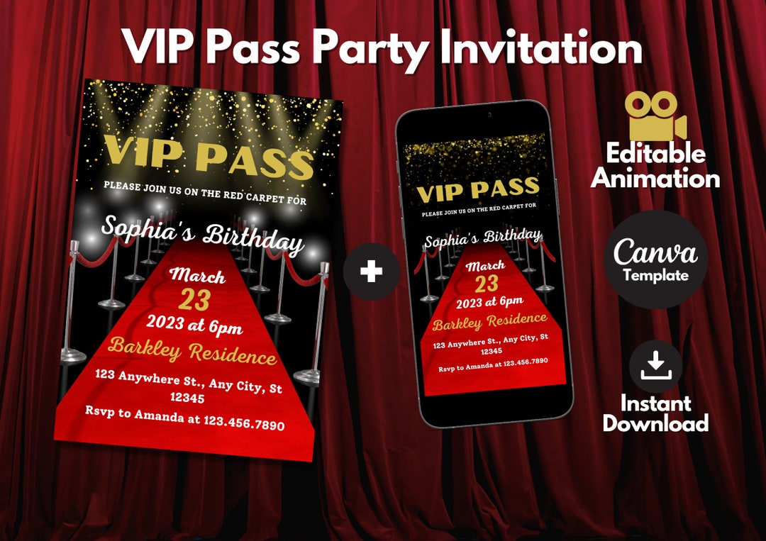 Custom VIP Pass Party Invitation Template, Digital Red Carpet VIP Pass ...