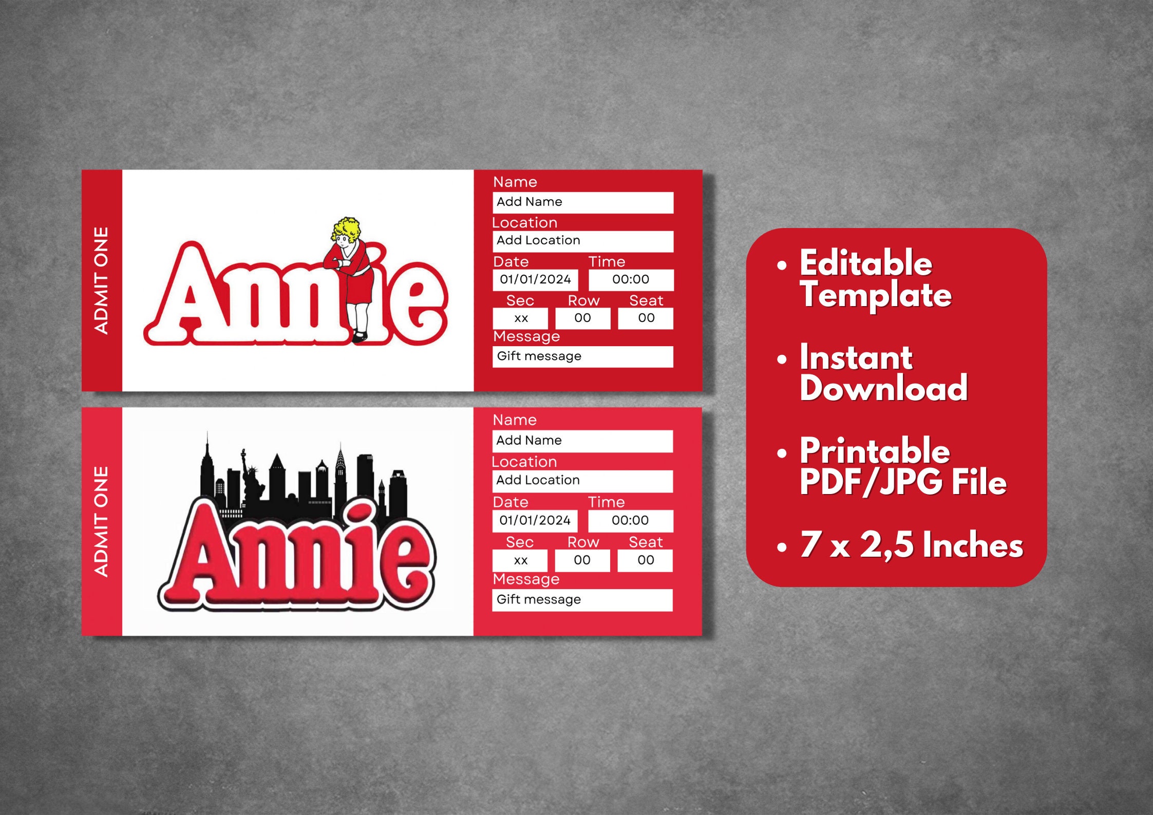 Editable Annie Broadway Show Ticket Template, Printable Annie Theatre ...