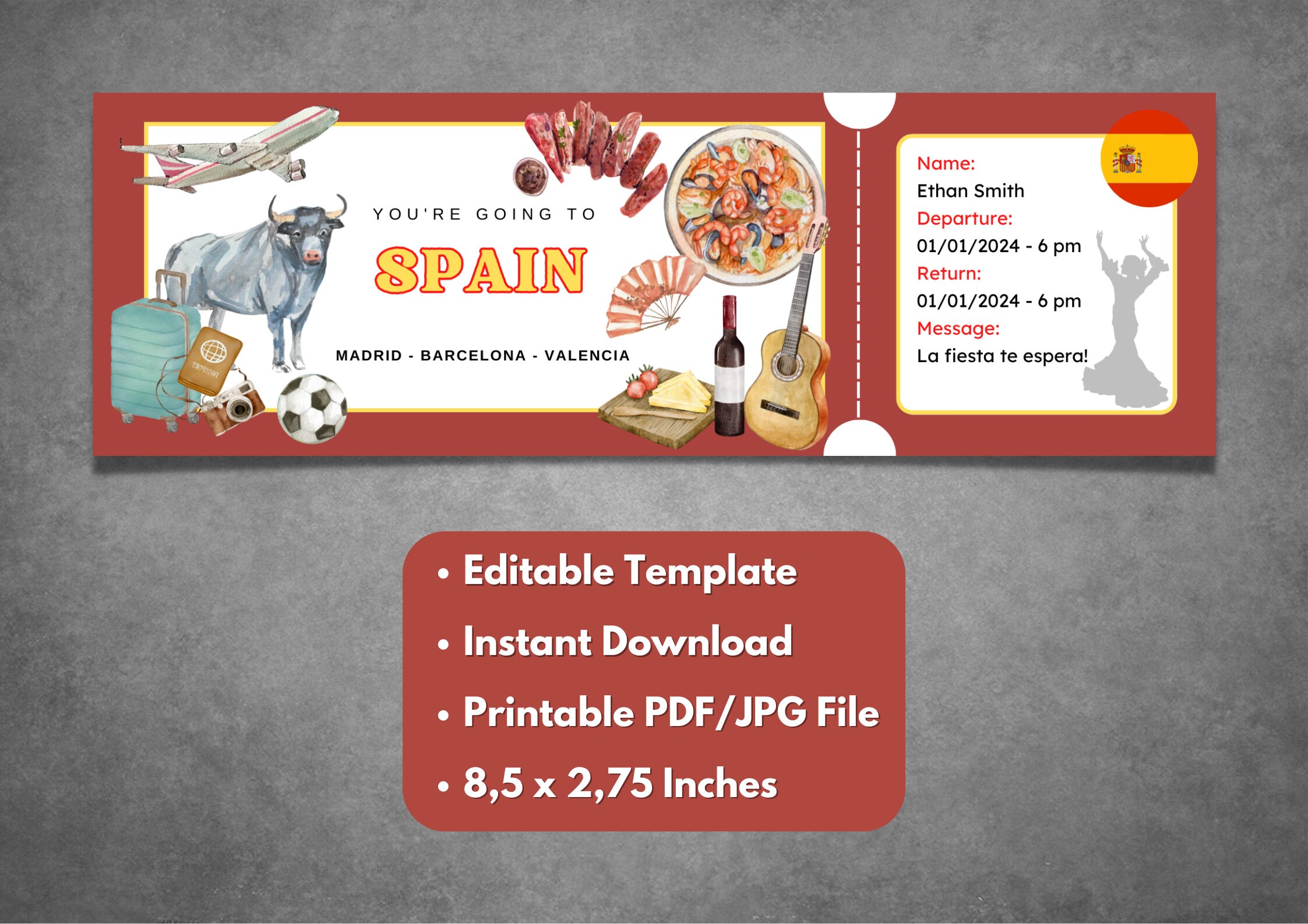 Editable Spain Ticket Template, Printable Spain Boarding Pass Template ...