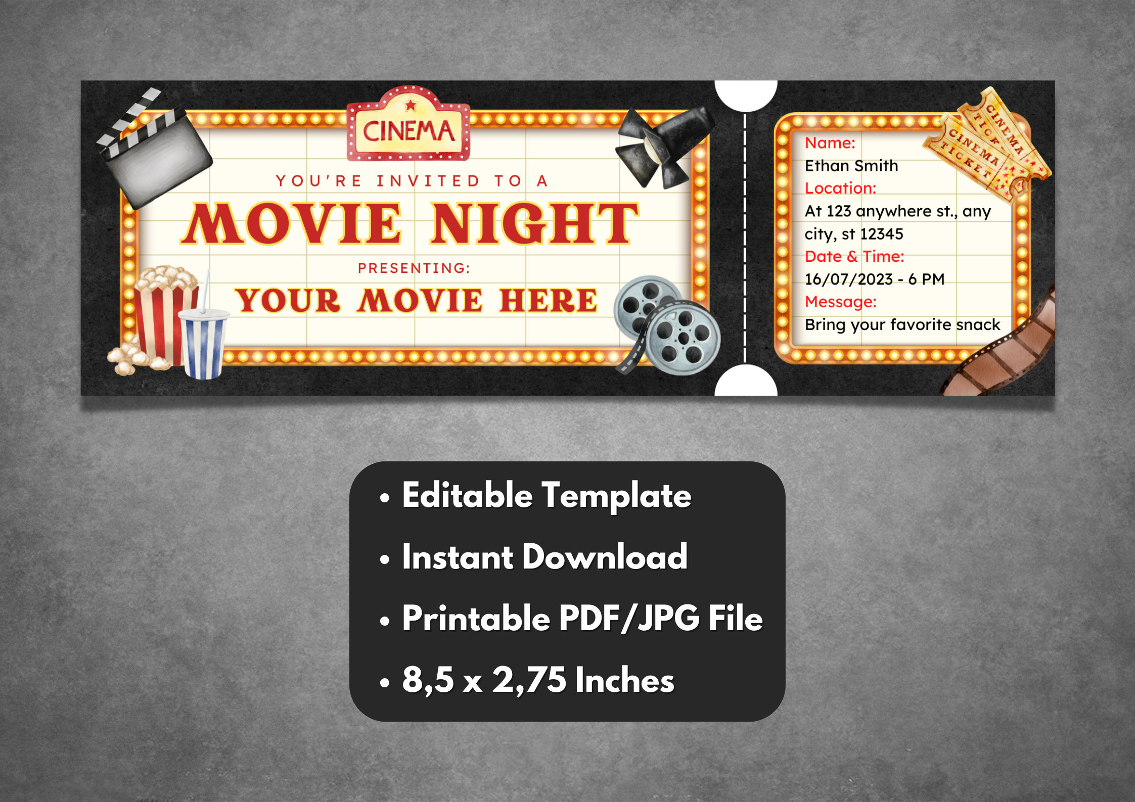 Editable Movie Night Ticket Template, Printable Movie Night Invitation ...