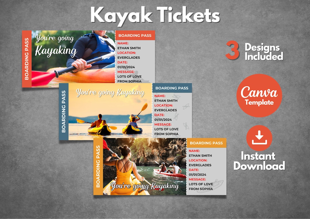 Editable Kayak Ticket Template, Printable Kayak Trip Voucher, Custom ...
