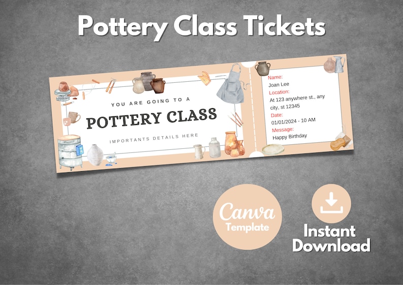 Editable Pottery Class Ticket Template, Printable Pottery Lesson ...