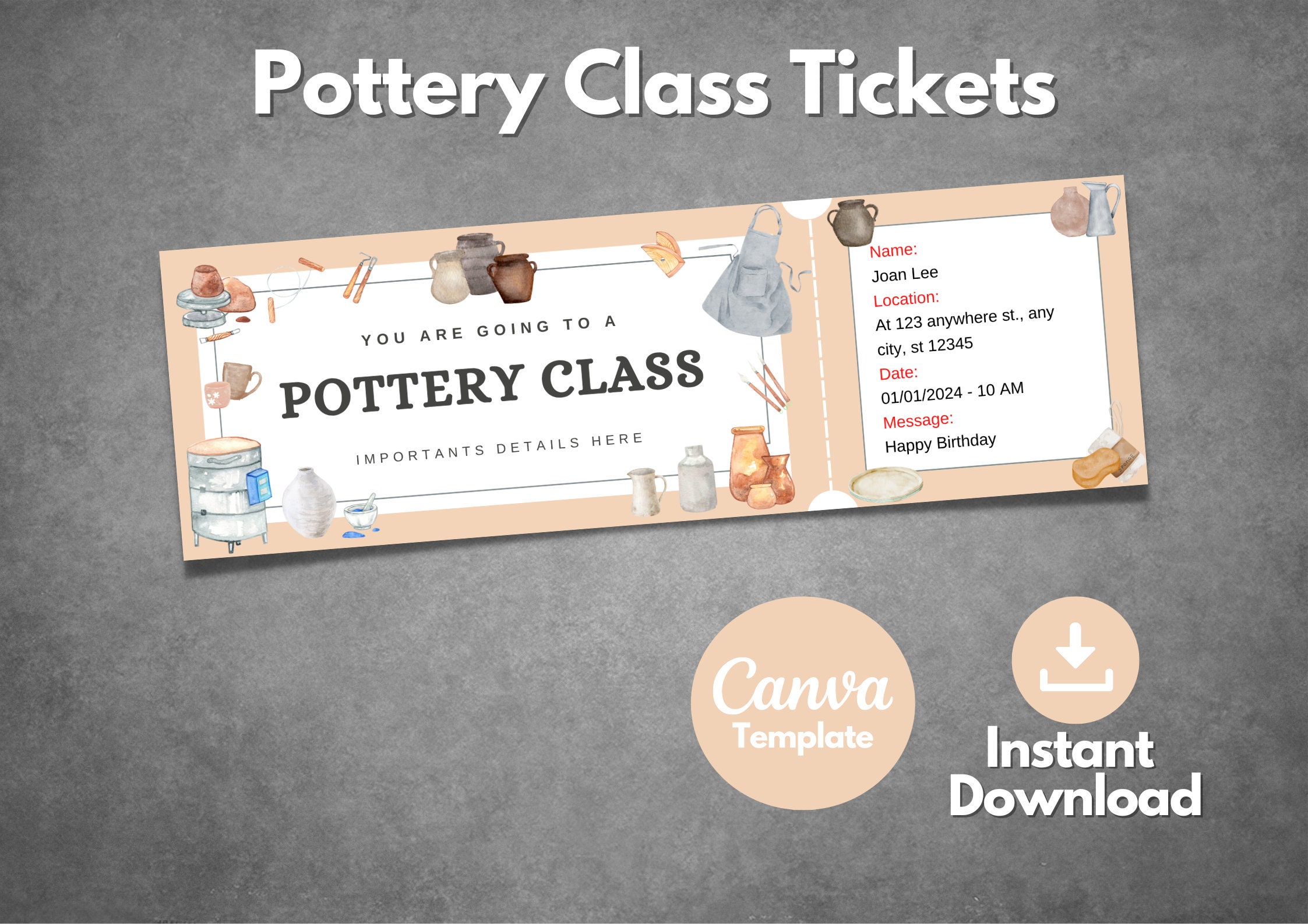Editable Pottery Class Ticket Template, Printable Pottery Lesson ...