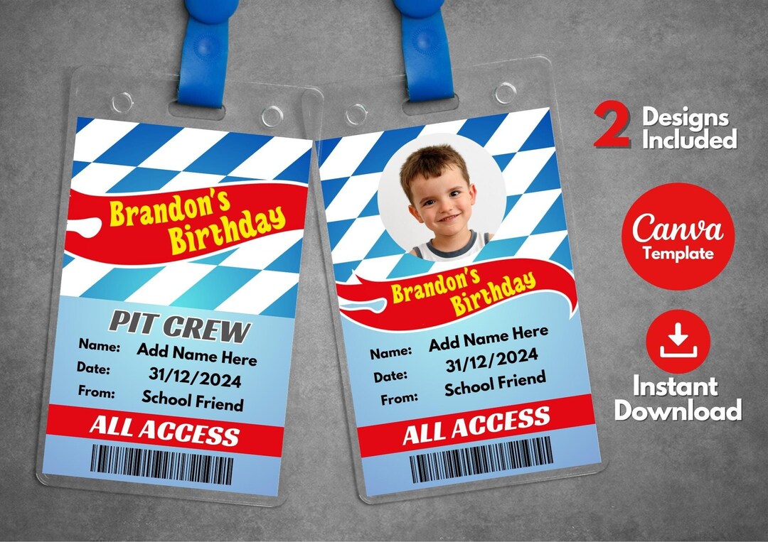 Editable Toy Car Race ID Badge Template, Printable Cars Birthday ID VIP ...