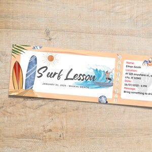 Editable Surf Lesson Ticket Template, Printable Canva Voucher - Etsy