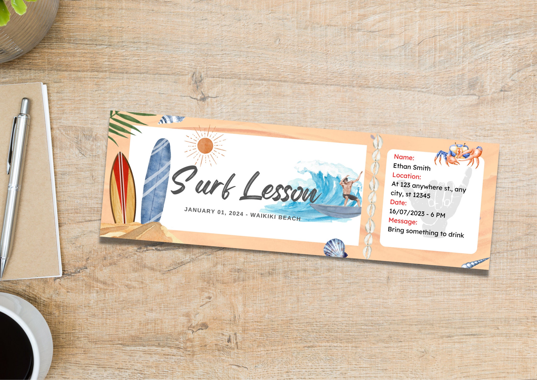 Editable Surf Lesson Ticket Template, Printable Surf Lesson Surprise ...