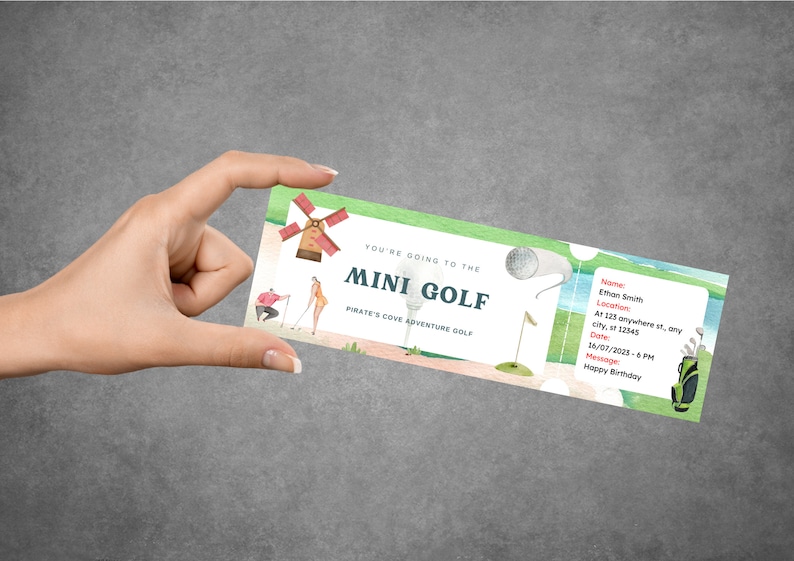 Editable Mini Golf Ticket Template, Printable Mini Golf Surprise Gift ...