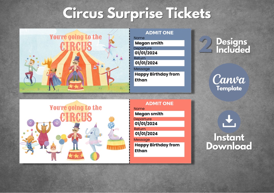 Editable Circus Surprise Ticket Template, Printable Gift Voucher ...