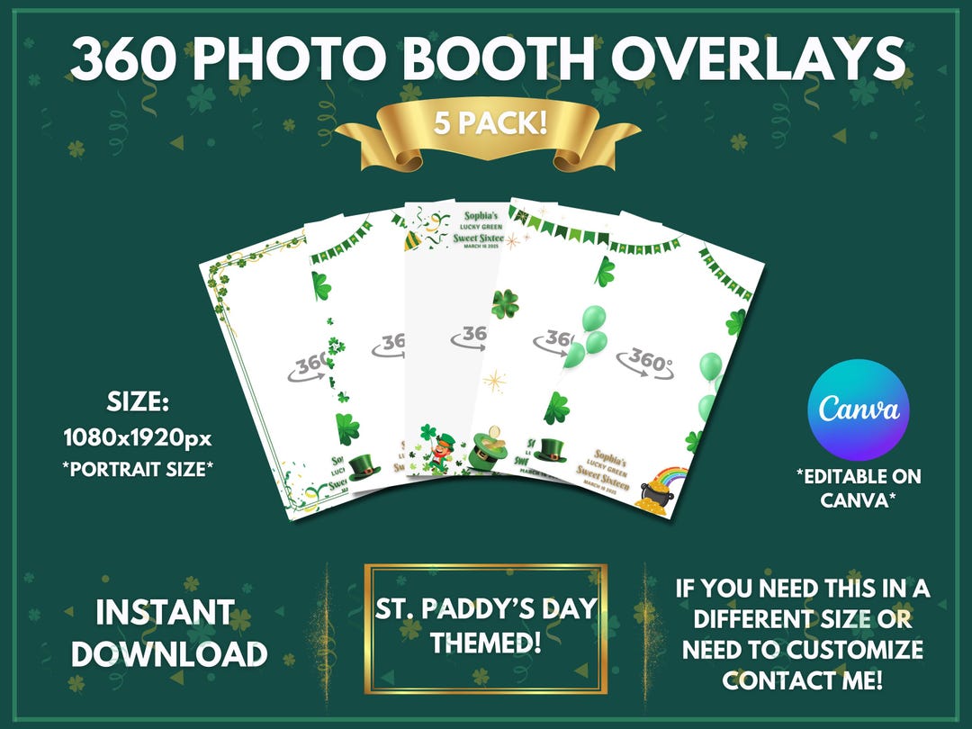 5 Pack St. Paddy's Day Theme 360 Photo Booth Overlay, Green Overlay ...