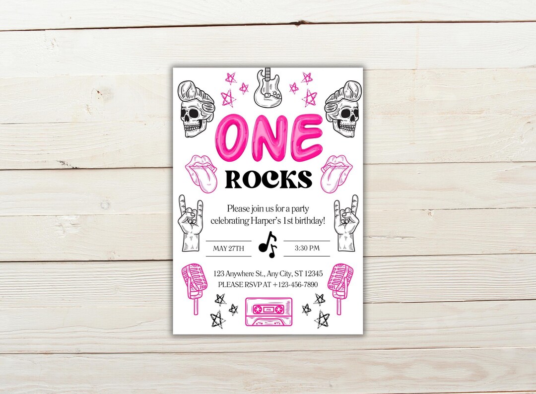One Rocks 1st Birthday Invitation, Hot Pink Rock and Roll Party Theme ...