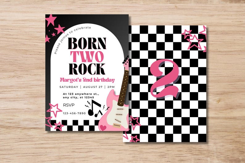 Born Two Rock Girls Birthday Invitation, Pink Rock and Roll Invite, Bad ...