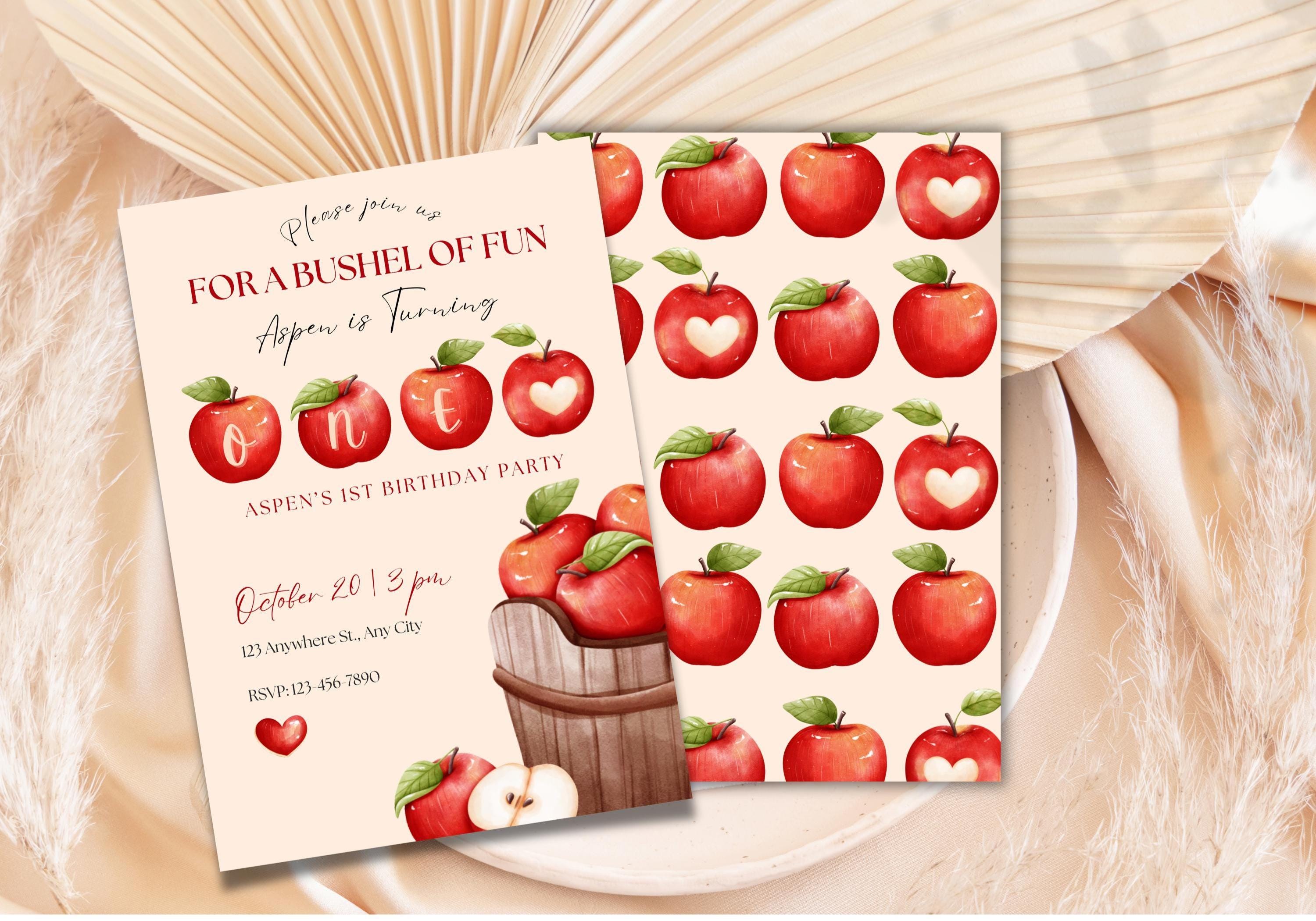 Bushel of Fun 1st Birthday Invitation, Apple Themed Bday Invite, Apple ...