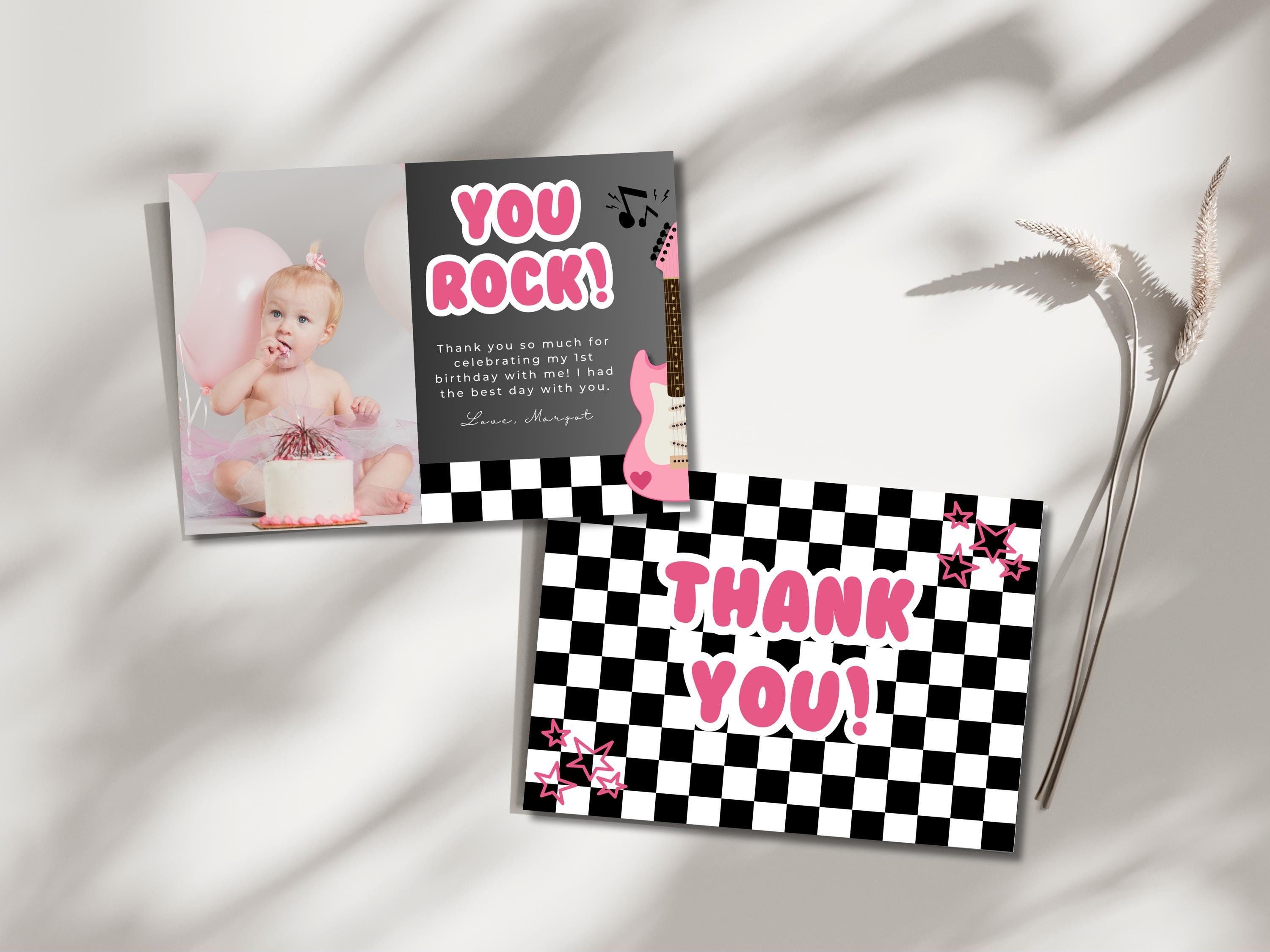 One Rocks Girls Birthday Thank You Card, First World Tour 2 Sided, Pink ...