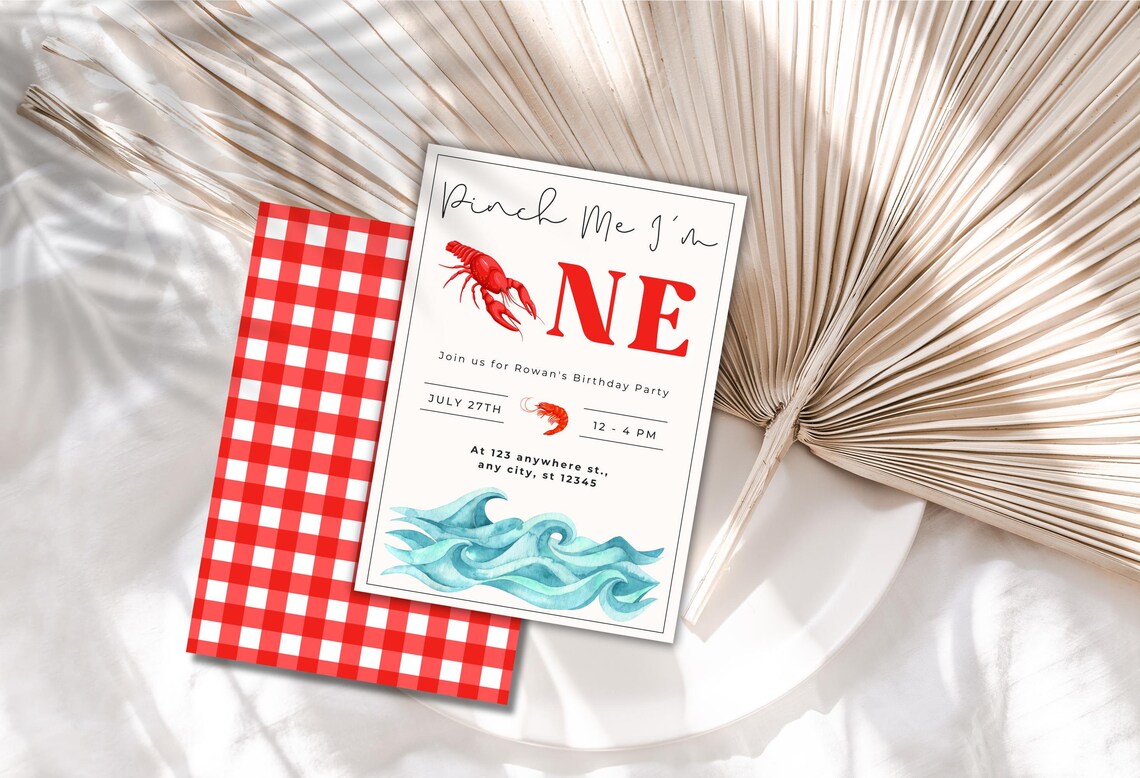 Pinch Me I'm One Birthday Invitation, Editable Crayfish Invite ...