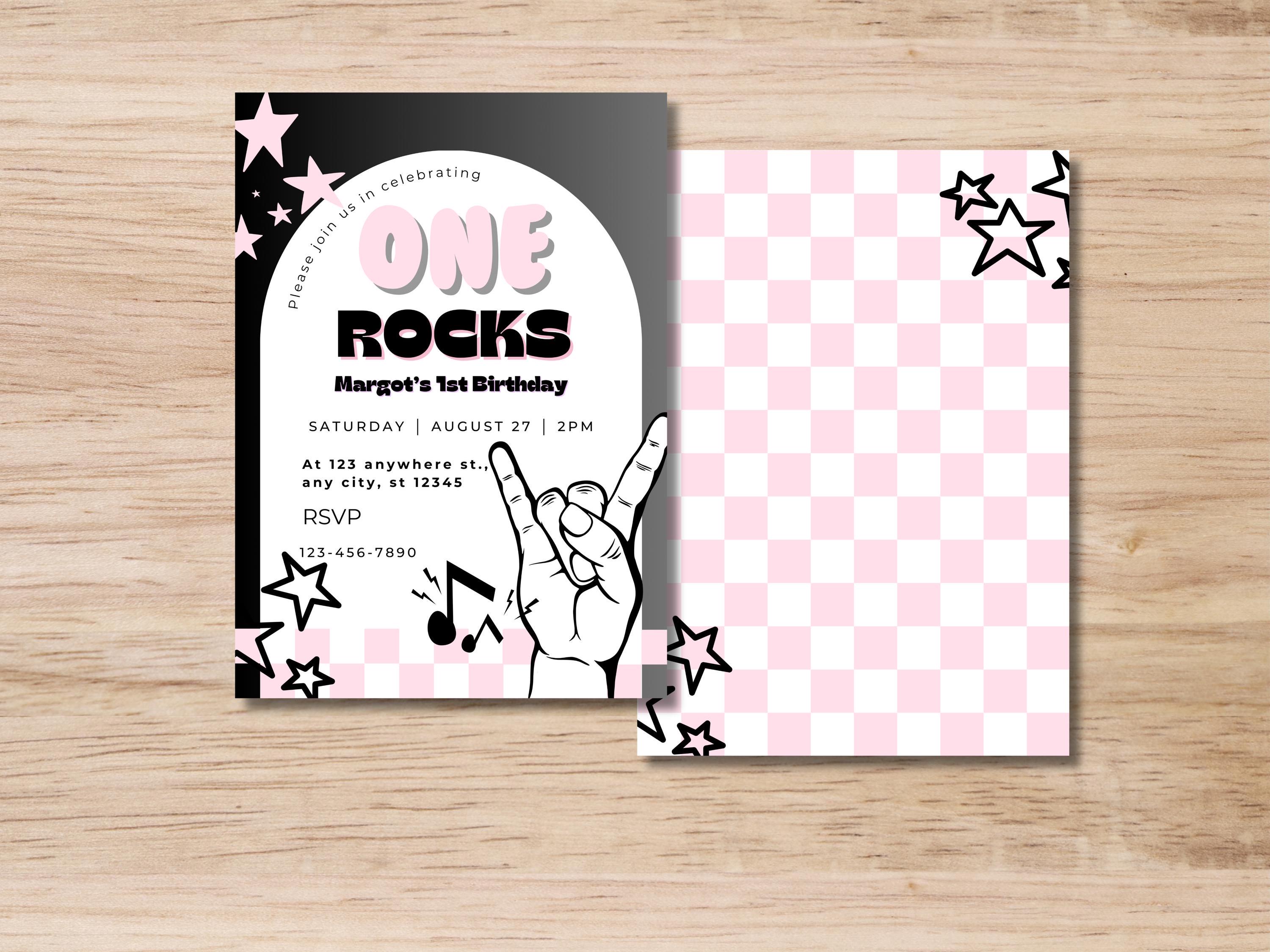 One Rocks Girls Birthday Invitation, First World Tour Invite, Pink Rock ...