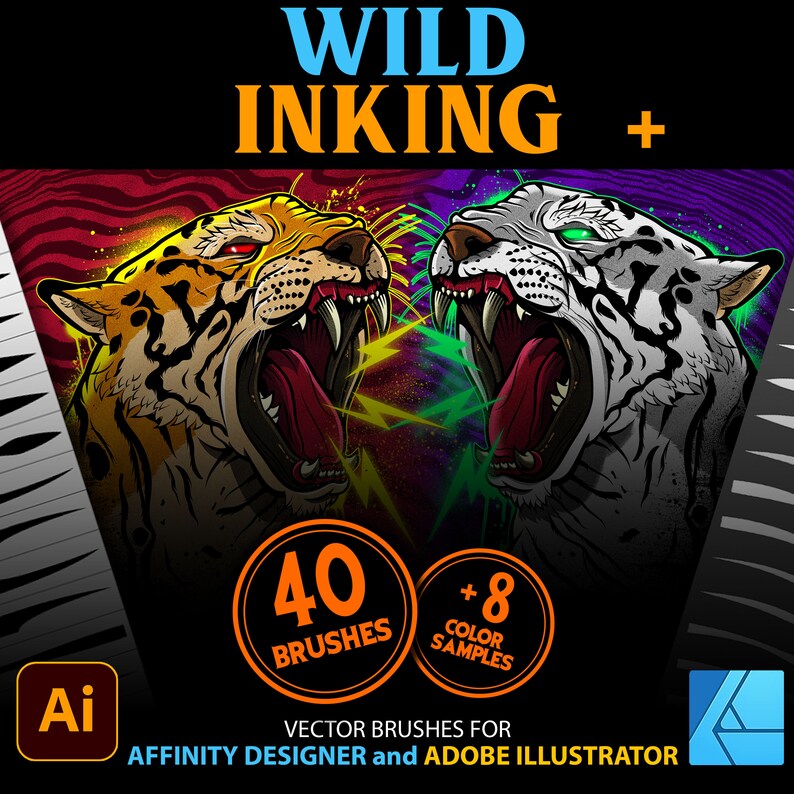 40 Adobe Illustrator and Affinity Brushes, Wild Inking Thick and Sharp Stroke Brushes, Inking ...