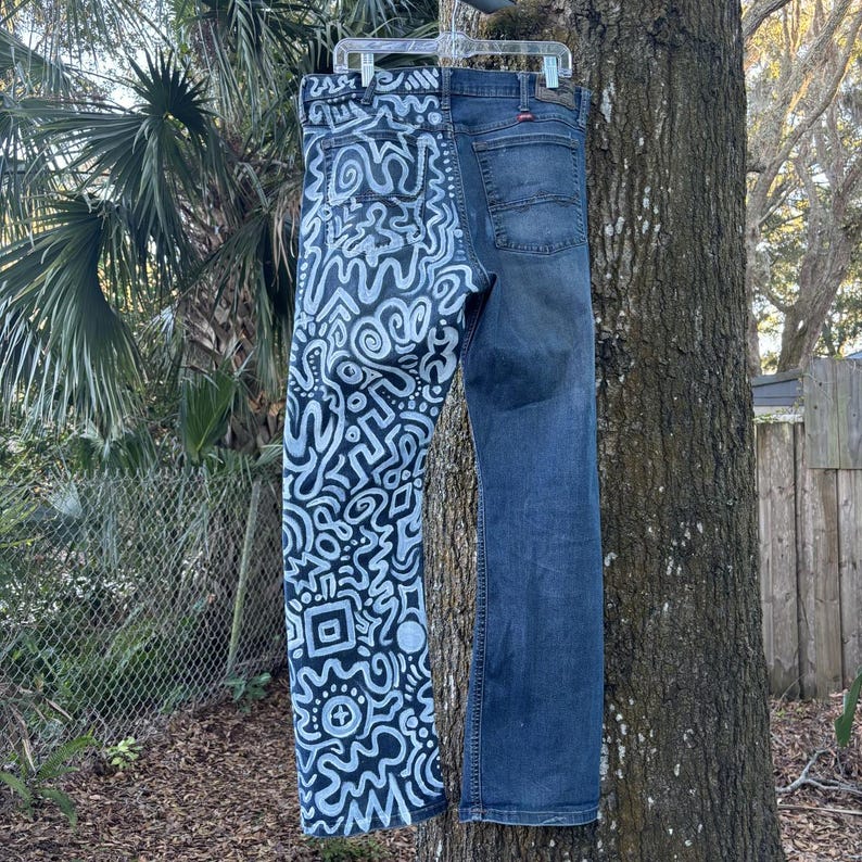 Hand Painted Jeans With White Trippy Psychedelic Abstract Squiggle ...