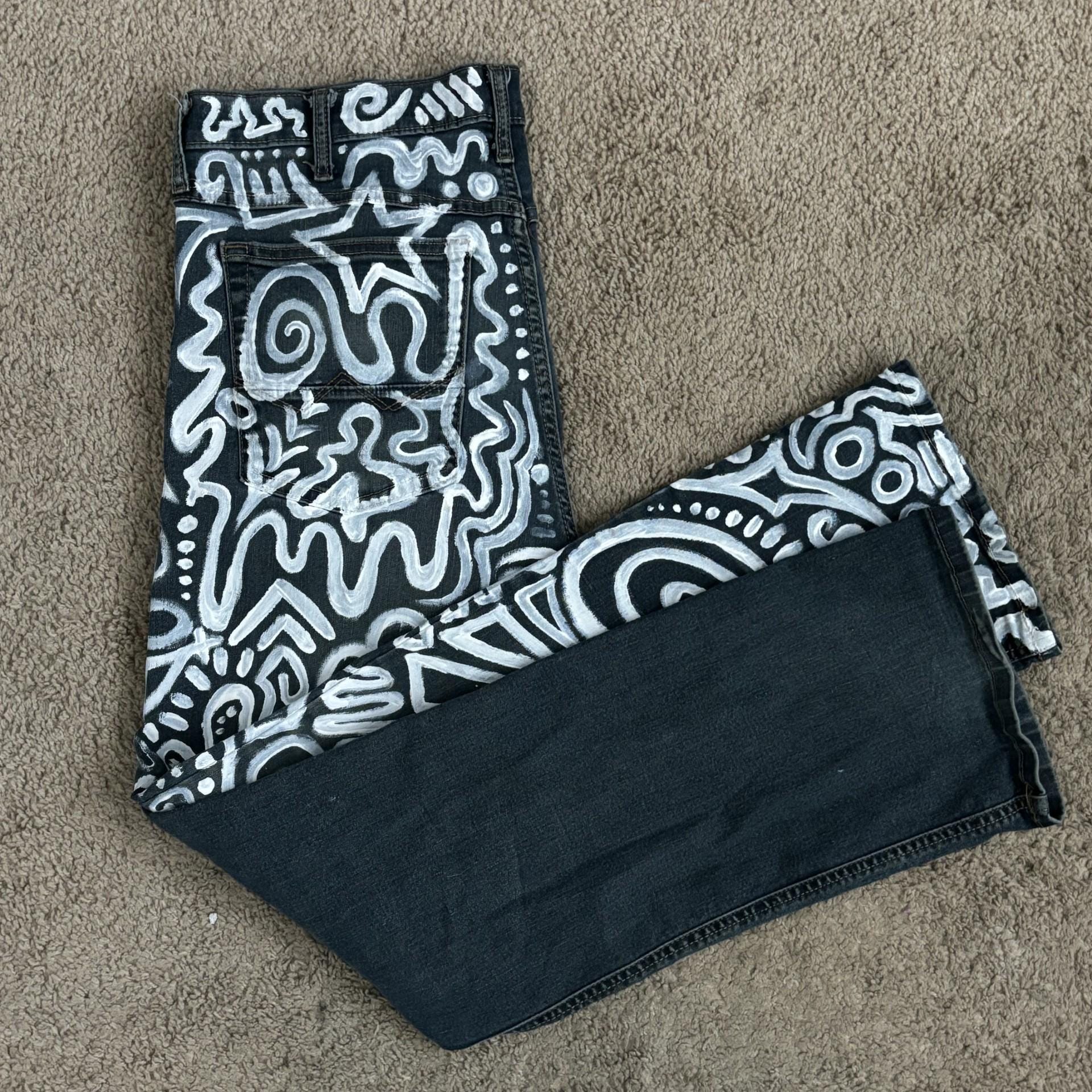 Hand Painted Jeans With White Trippy Psychedelic Abstract Squiggle ...