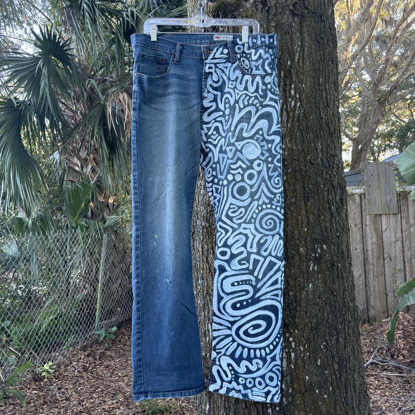 Hand Painted Jeans With White Trippy Psychedelic Abstract Squiggle ...