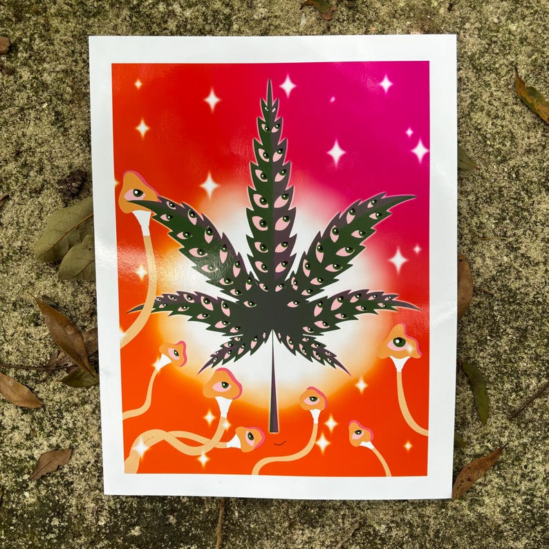 All-seeing Weed Leaf and Mushrooms With Eyes Colorful Psychedelic ...