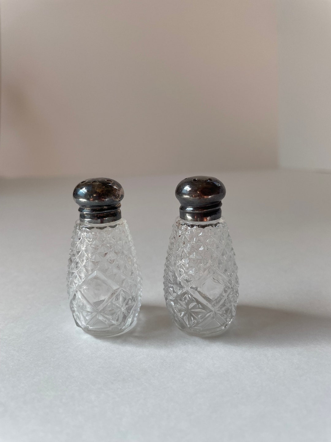 Vintage Clear Cut Glass Small Salt and Pepper Set Shakers, Patina Lids ...