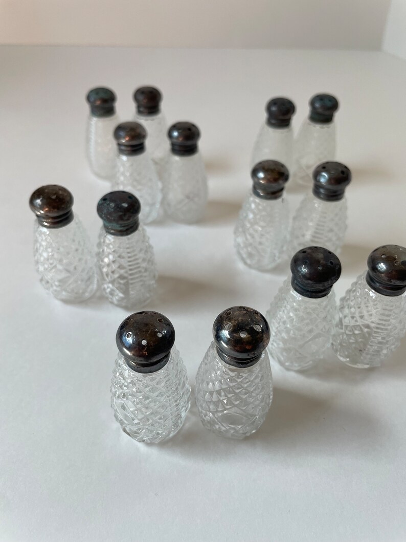 Vintage Clear Cut Glass Small Salt and Pepper Set Shakers, Patina Lids ...