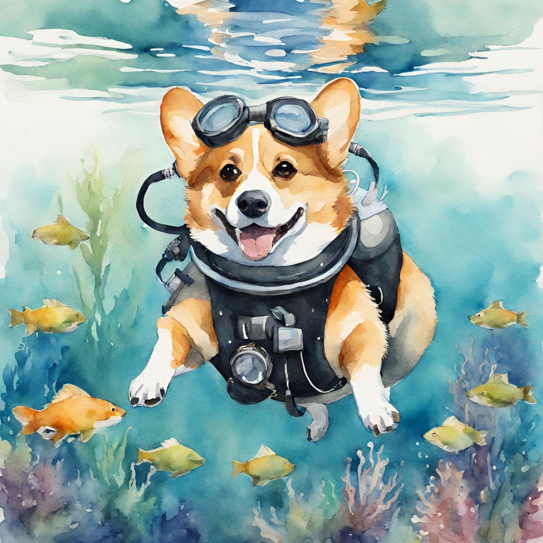 Scuba Corgi Digital Download, Scuba Diving, Cute Corgi Swimming Artwork ...