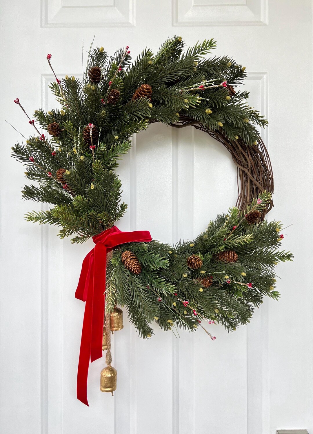 Norfolk Pine Christmas Wreath Golden Bells, Red Velvet Ribbon ...