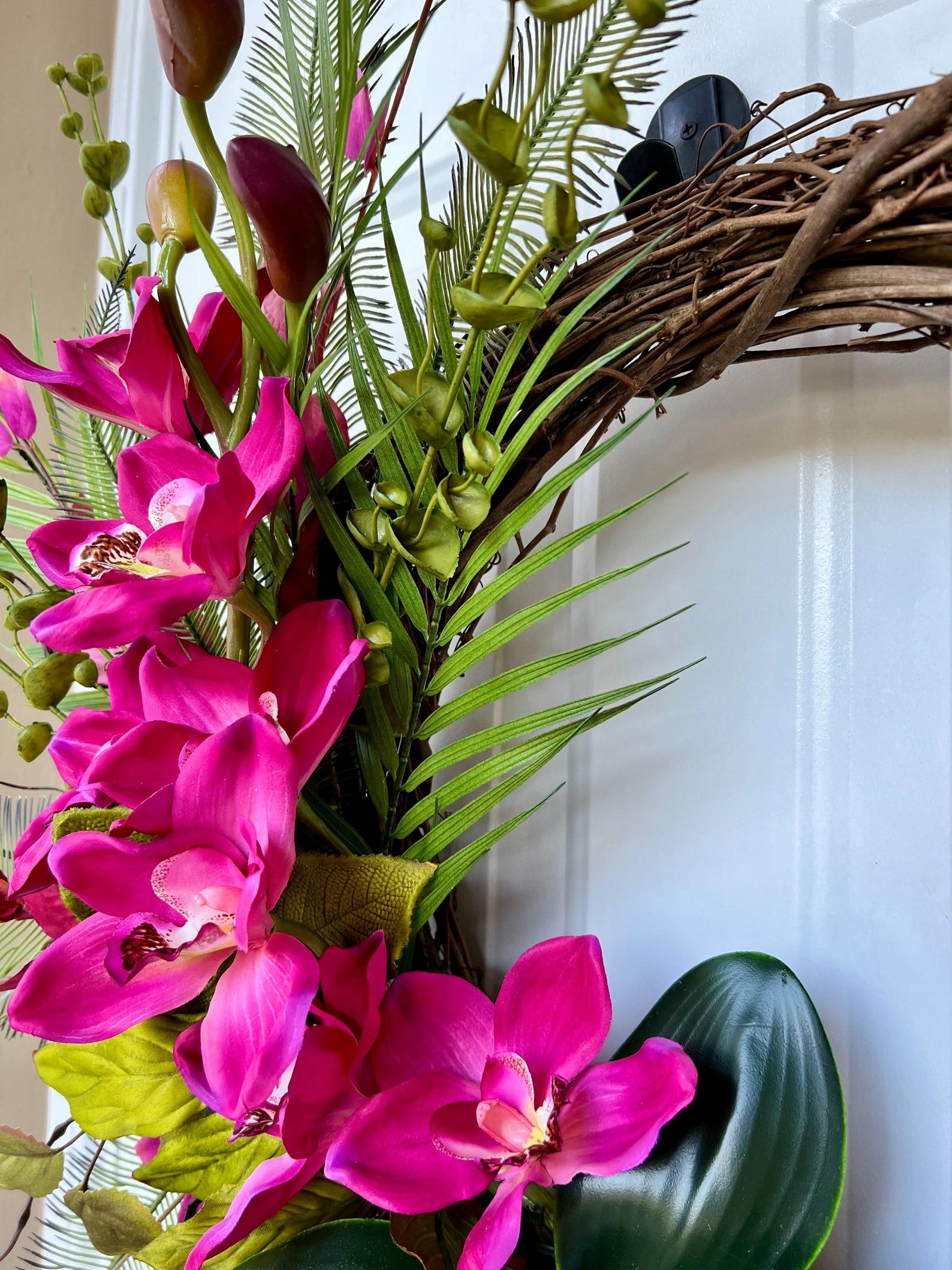 Fuchsia Orchid Wreath. Tropical Fern Grapevine Decor. All Year Round ...