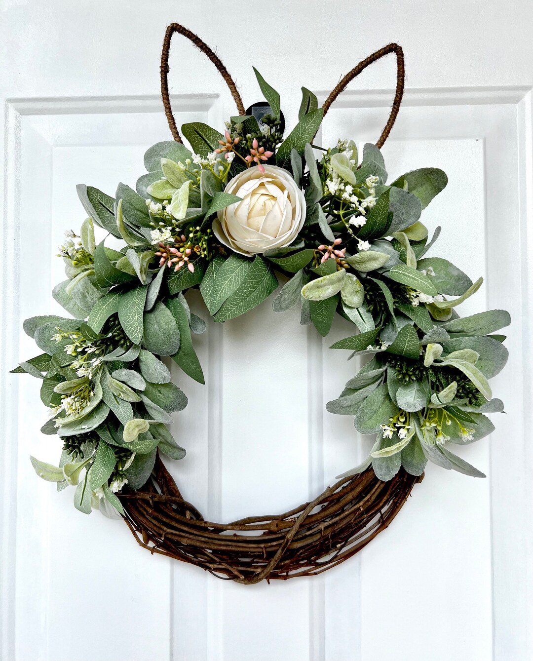 Easter Spring Greenery Wreath With Bunny Ears and Cream Flower ...