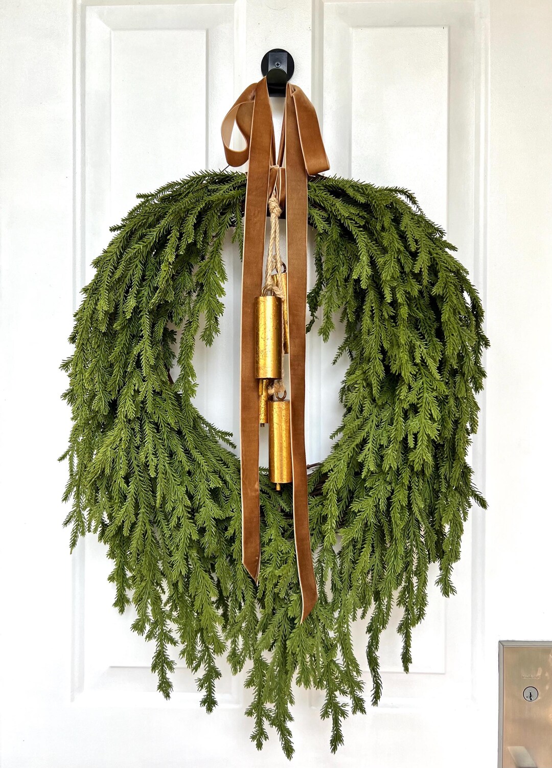 Elegant Realistic Norfolk Pine Christmas Wreath, Golden Bells and Camel ...