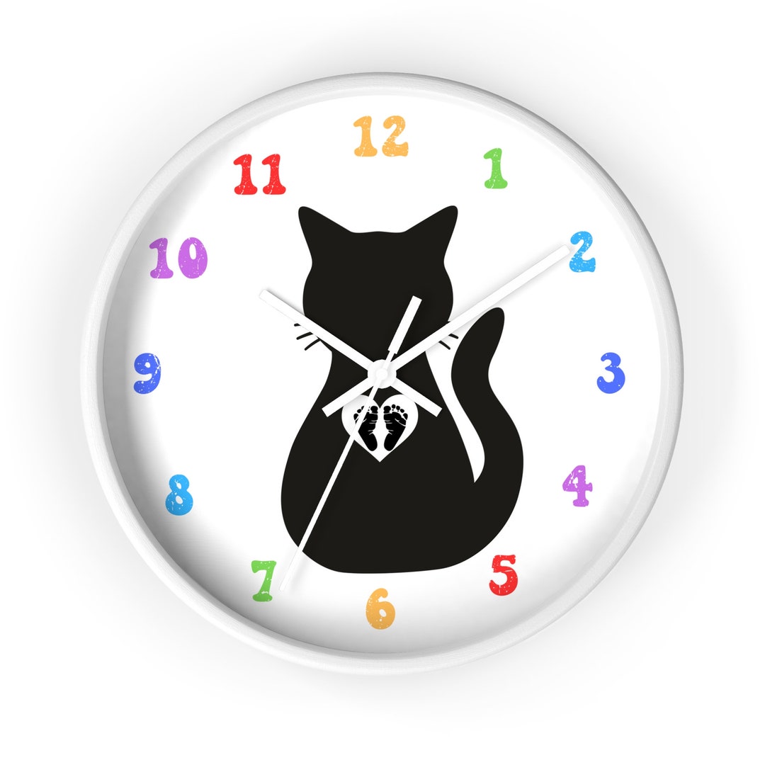 Custom Baby Footprint Rainbow Color Gift, Wooden Clock With Cat, Custom ...