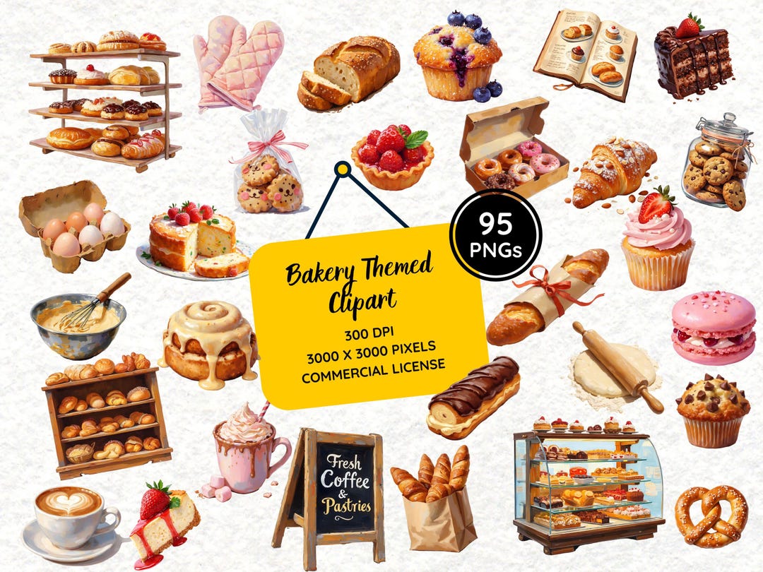 Bakery Clipart Set | Croissant, Macarons, Cupcake, Donut & Coffee ...